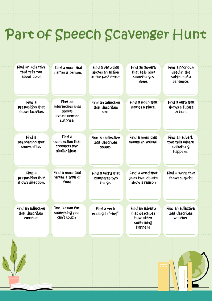책 속에서 다양한 조건의 영어 8품사에 해당하는 단어를 찾아보는 Part of Speech Scavenger Hunt ...