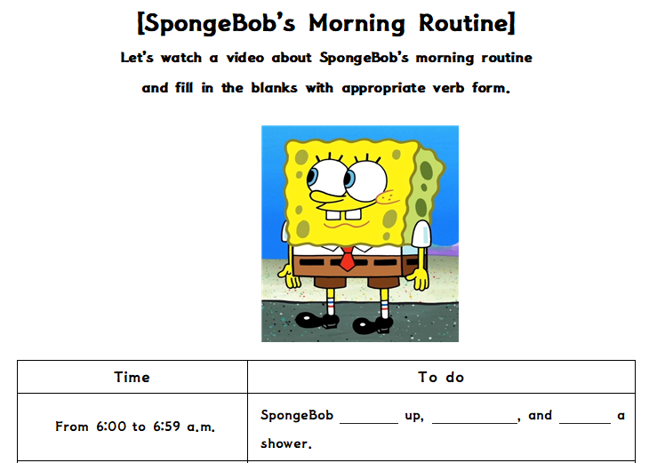 [중1 천재 정사열_1과]일반동사 3인칭 단수형 게임_Spongebob's morning routine : 네이버 블로그