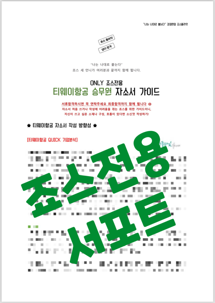마감 죠스전용🦈 티웨이항공 승무원 자소서 작성가이드 ️소재구성첫문장📚 Only 죠스수강생에게만 드리는 자료집 한번