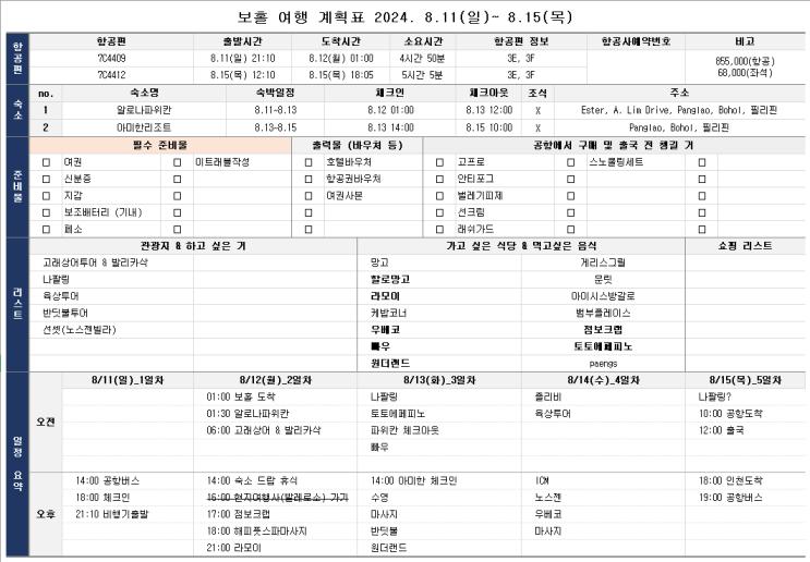 필리핀보홀 필리핀 보홀 3박 5일 해외 여행계획표 계획짜기편여행계획 엑셀양식 여행계획표 엑셀 공유 네이버 블로그