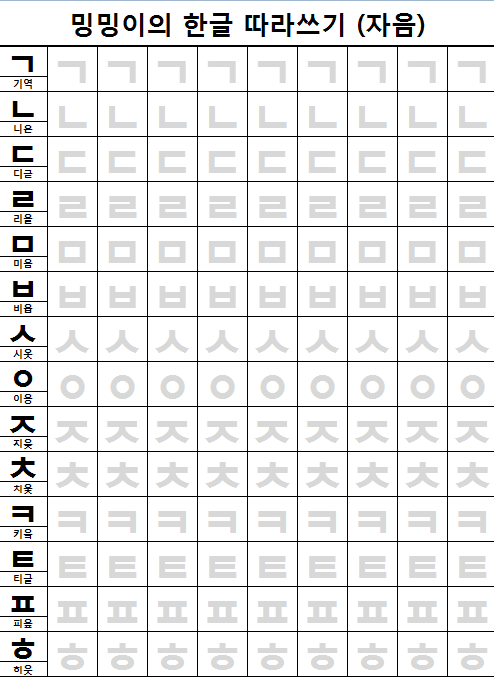 밍밍이의 한글따라쓰기 도안 자음편 : 네이버 블로그
