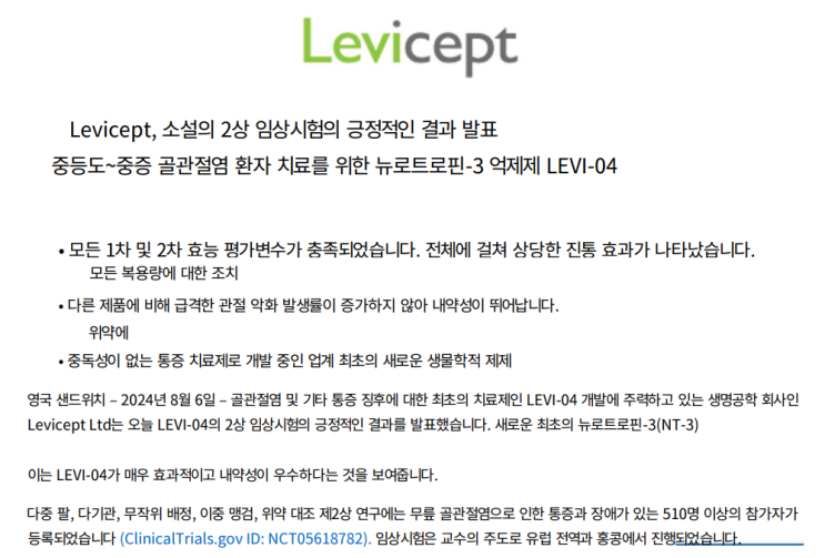24.08.09 레비셉트(levicept) levi-04의 2상 성공(무릎골관절염 진통제), tg-c의 경쟁약이 될수도 ...