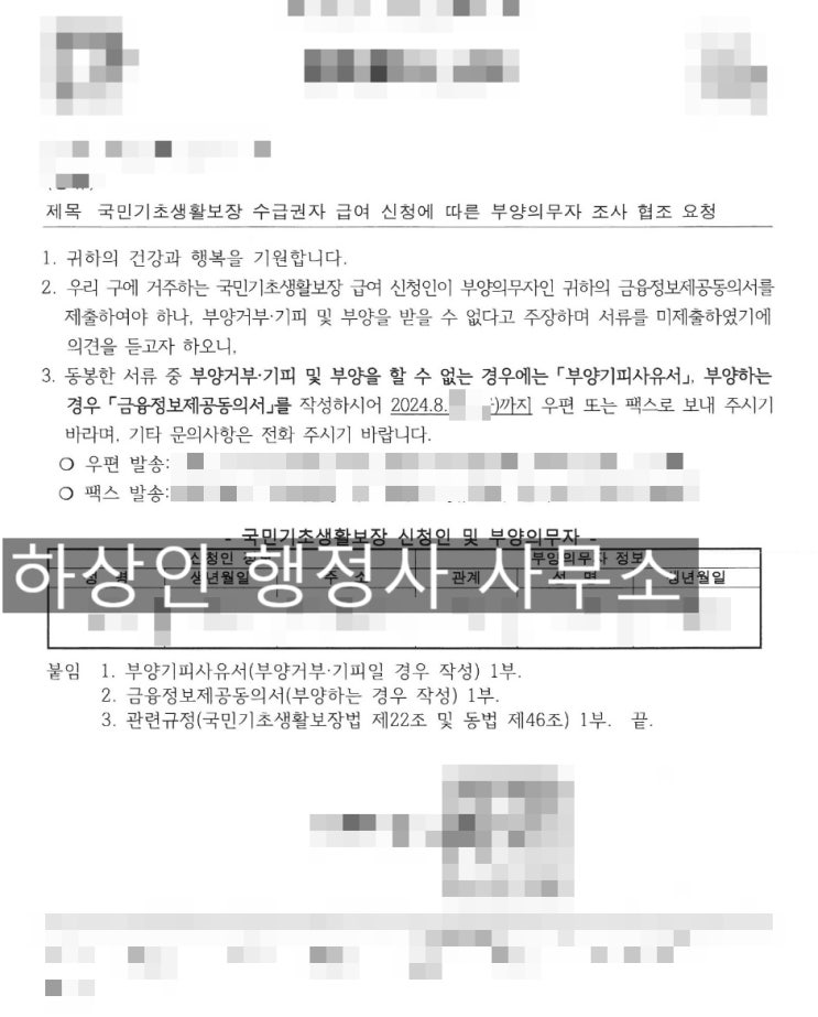 부양거부 기피 및 부양할 수 없음을 소명하라는 안내를 받은 경우국민기초생활보장 수급권자 급여 신청에 따른 조사 하상인