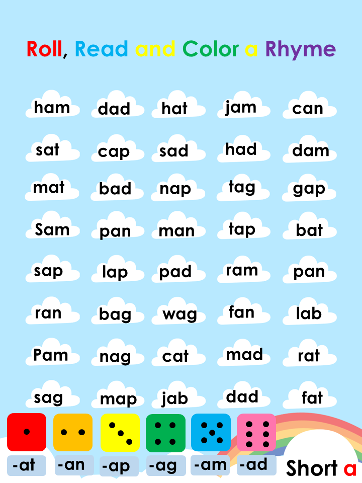 Phonics Activity :Roll, Read and Color a Rhyme 단모음 a 가 포함된 CVC 단어를 익히는 ...