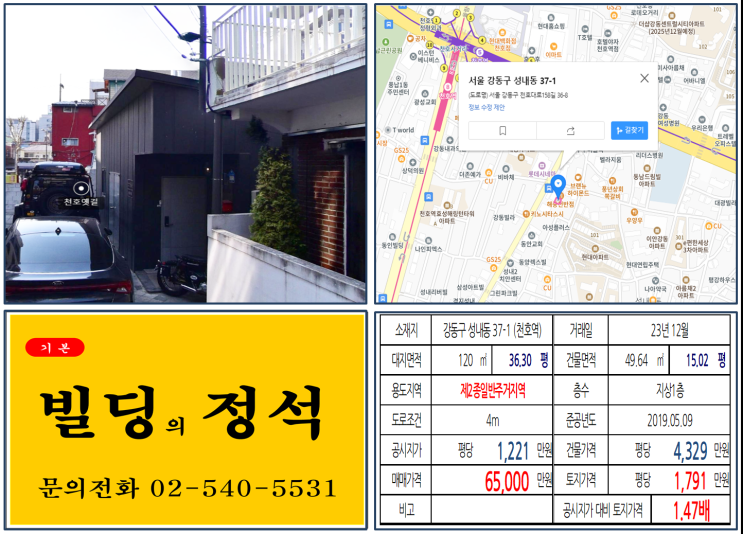 강동구 천호역 역세권 6억 꼬마빌딩 실거래가 조회 성내동 37 1 천호역 6억 5000만 원 평당 1791만 원