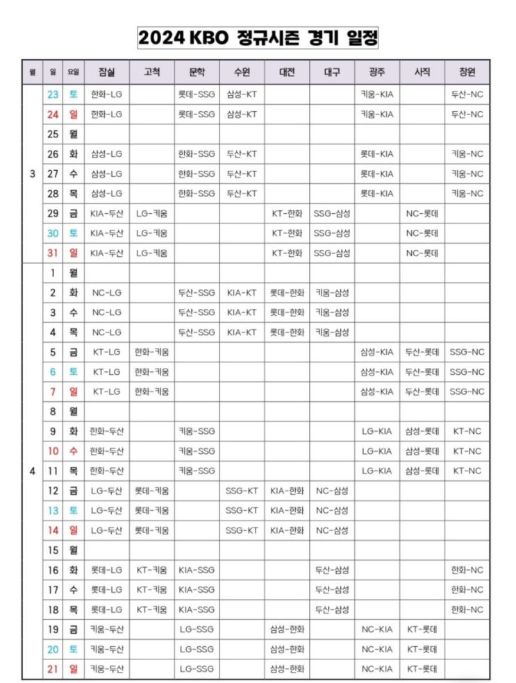 KBO 24년 프로야구 개막전 일정 공개! : 네이버 블로그