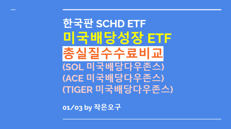 한국판 SCHD 최신 수수료 비교 (SOL, ACE, TIGER 미국배당다우존스) 2024/01 기준. 오구 투자 현황 : 네이버 블로그