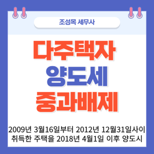 다주택자가 2009년 3월16일부터 2012년 12월31일사이 취득한 주택을 2018년 4월1일 이후 양도시 양도세 중과배제