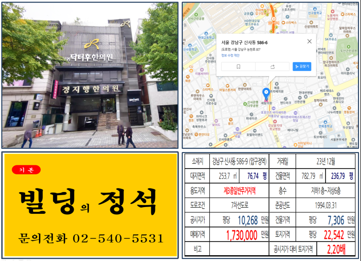 강남구 을지병원사거리 100억 빌딩 실거래가 조회 신사동 586 9 압구정역 173억 원 평당 2억 2542만 원