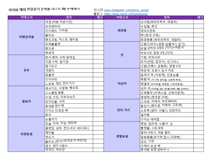 아이와 해외 한 달 살기 여행 준비물 체크 리스트 총 정리 출력용 엑셀 시트 다운로드 네이버 블로그