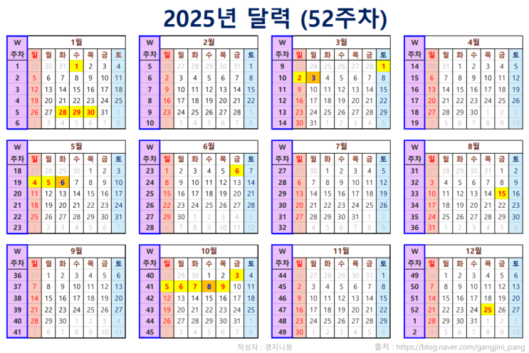 2025년 주차별 달력 52주 달력 엑셀 달력 무료공유 다운 | 황금연휴 연차계획 꿀팁 직장인 연차계획 휴가 계획 네이버 블로그
