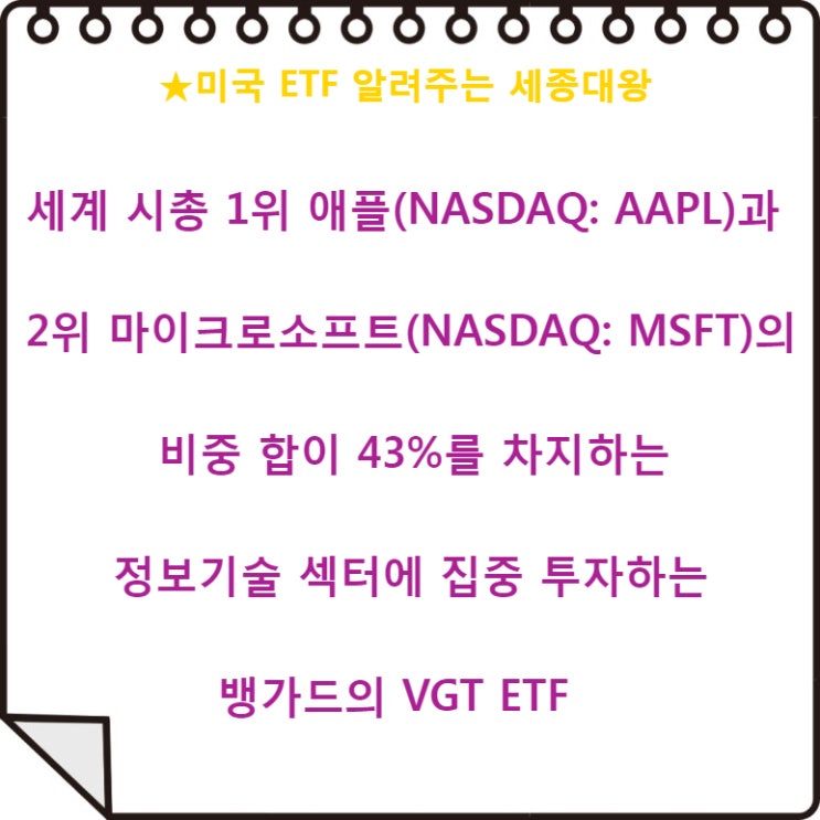 뱅가드의 VGT ETF는 세계 시총 1위 애플과 2위 마이크로소프트의 비중 합이 43%를 차지하는 정보기술 섹터에 집중 ...