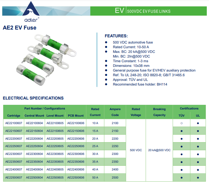 ADLER 퓨즈 - Automotive EV 퓨즈 - AE2 시리즈 10x38mm 500vdc 퓨즈 ADLER Fuse, 유성 ...
