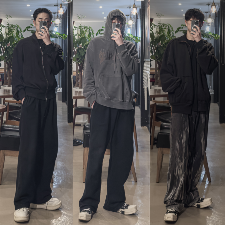 남자 겨울 실내 데일리룩 코디 모음 Ma 1 항공점퍼 피그다잉 워싱 후드티 하이넥 풀 집업 워싱 데님 와이드 스웻