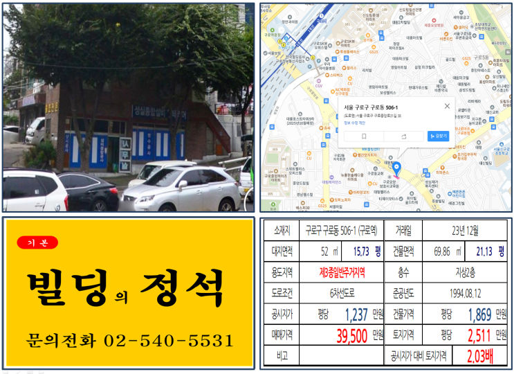 구로구 구로동 3억 꼬마빌딩 실거래가 조회 구로동 506 1 구로역 3억 9500만 원 평당 2511만 원