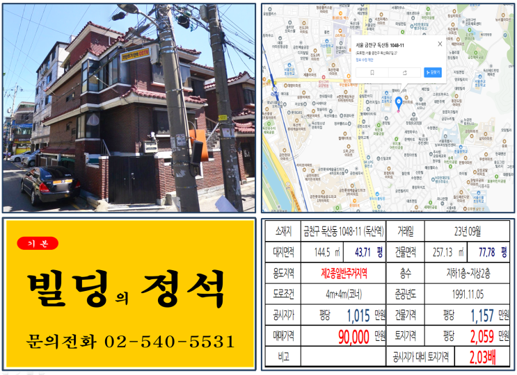 금천구 신안산 호재지역 9억 꼬마빌딩 실거래가 조회 독산동 1048 11 독산역 9억 원 평당 2059만 원