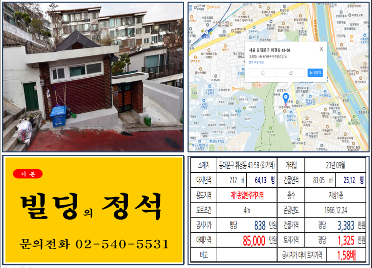 동대문구 서울시립대 8억 꼬마빌딩 실거래가 조회 휘경동 43 58 회기역 8억 5000만 원 평당 1325만 원