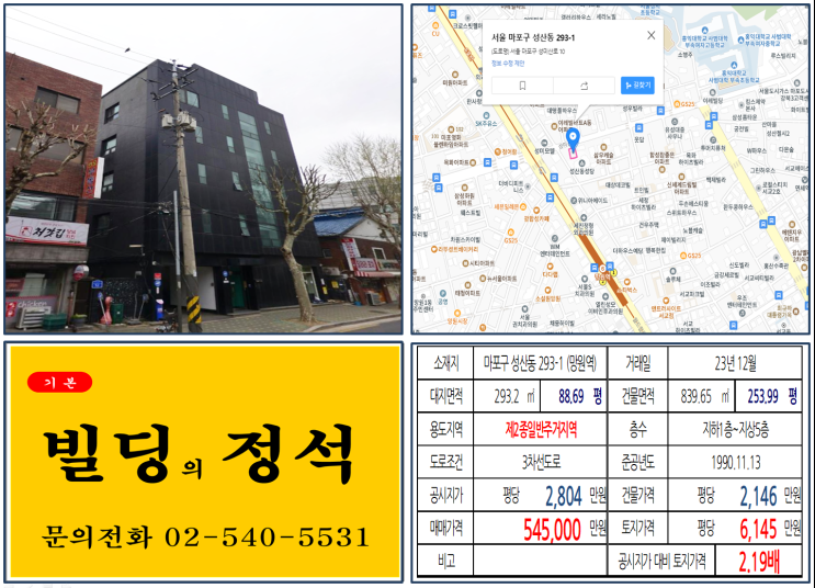 마포구 대로변 50억 꼬마빌딩 실거래가 조회 성산동 293 1 망원역 54억 5000만 원 평당 6145만 원