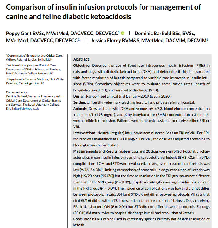 [내과]Comparison of insulin infusion protocols for management of canine and feline diabetic ...