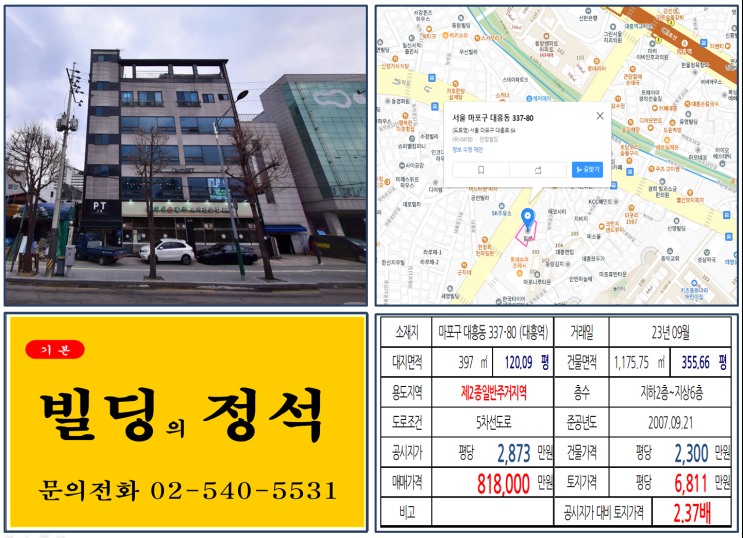 마포구 마포세무서 앞 대로변 80억 꼬마빌딩 실거래가 조회 대흥동 337 80 대흥역 81억 8000만 원 평당