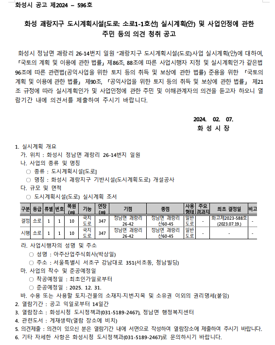 화성 괘랑지구 도시계획시설 도로 소로1 1호선 실시계획안 및 사업인정에 관한 주민 등의 의견 청취 공고 네이버 블로그