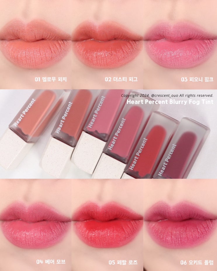 하트퍼센트 블러리 포그 틴트 전 색상 01 멜로우 피치 02 더스티 피그 03 피오니 핑크 04 베어 모브 05
