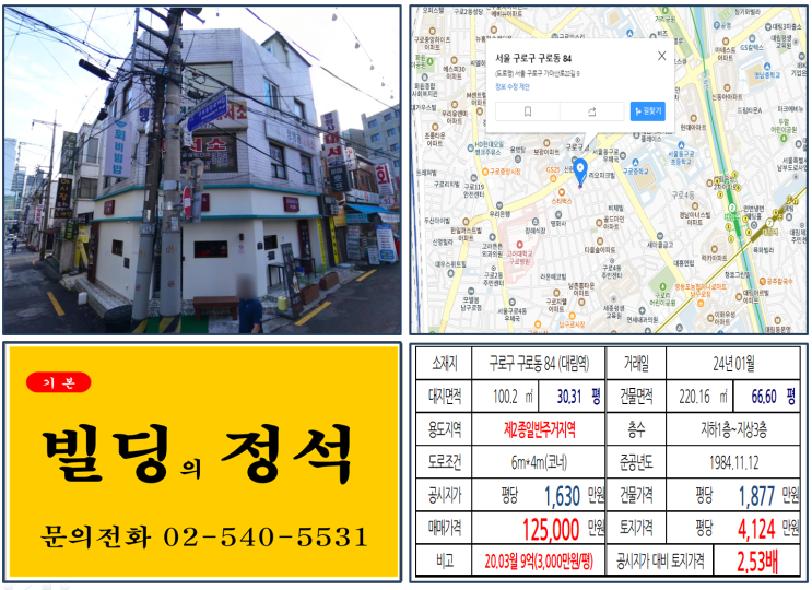 구로구 구로구청 앞 10억 올근생 꼬마빌딩 실거래가 조회 구로동 84 대림역 12억 5000만 원 평당 4124만 원