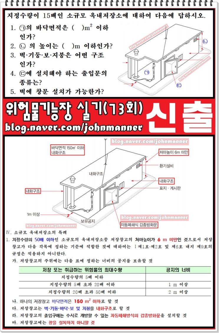 위험물기능장 73회차 실기복원 3소규모 옥내저장소의 기준에 대해 답하기 네이버 블로그