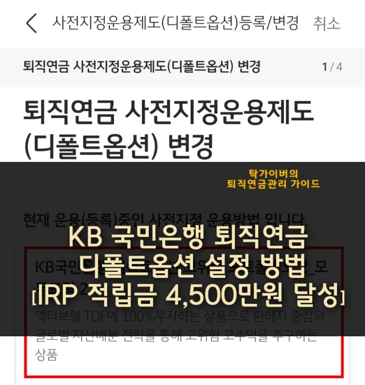 KB 국민은행 퇴직연금 디폴트옵션 설정방법 [KB IRP 적립금 4,500만원 달성] : 네이버 블로그