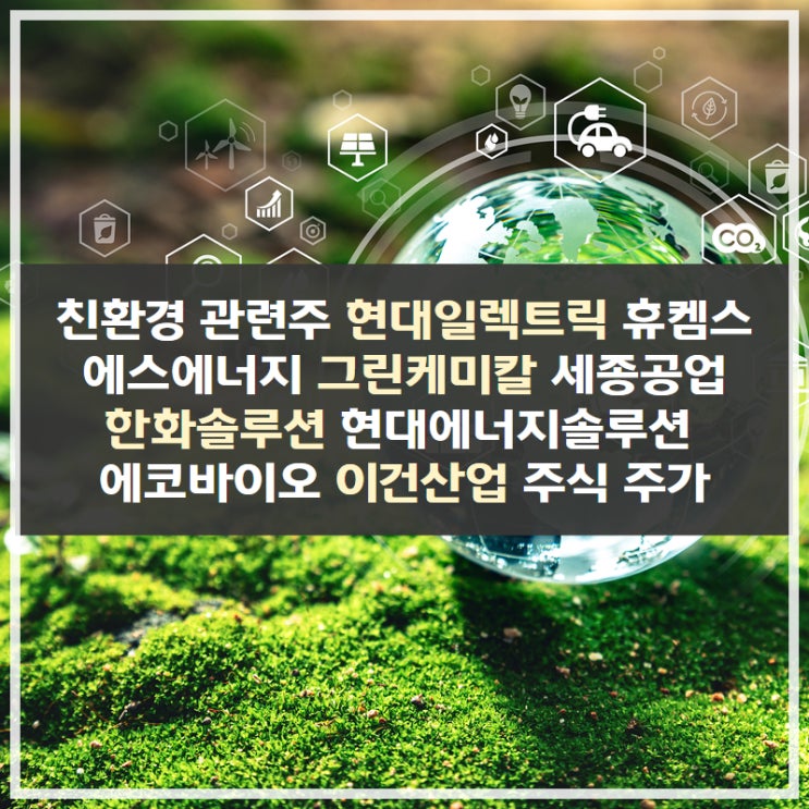 친환경 관련주 현대일렉트릭 휴켐스 에스에너지 그린케미칼 세종공업 한화솔루션 현대에너지솔루션 에코바이오 이건산업 주식 주가 전망