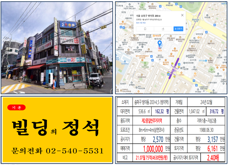 송파구 방이동 먹자상권 100억 코너빌딩 실거래가 조회 방이동 203 45 방이역 100억 원 평당 6161만 원