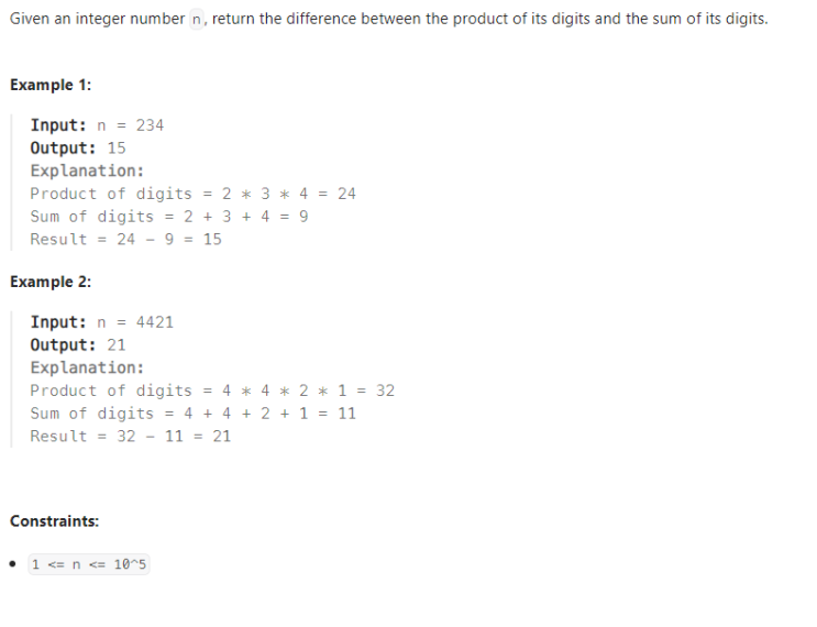 JAVA_LeetCode 1281_Subtract the Product and Sum of Digits of an Integer : 네이버 블로그