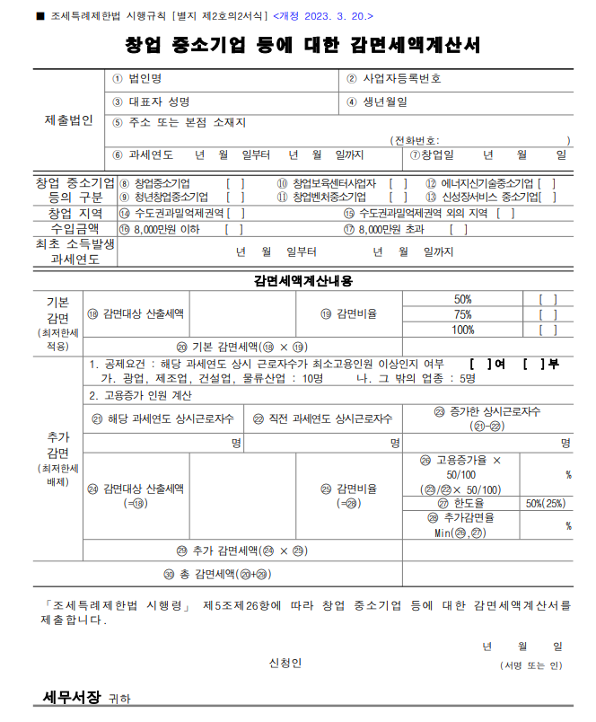 조세특례제한법 창업중소기업세액감면 3편 최저한세 추계 및 기한후신고시 적용여부 농어촌특별세 중복공제여부 협력의무위반