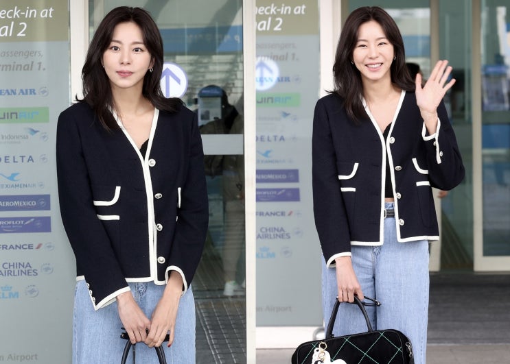 유이 공항 패션 온앤온 신상 노카라 자켓 니트 뷔스티에 데님 팬츠로 완성 여자 봄 코디 나들이룩 여행룩 추천해요 네이버 블로그
