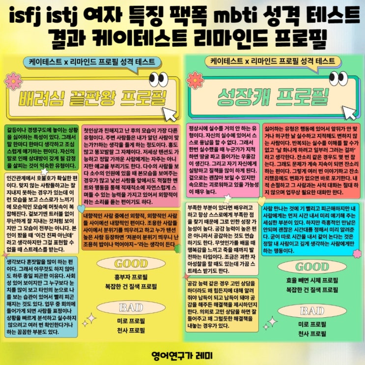 Isfj 여자 특징 팩폭 Istj 여자 특징 팩폭 Mbti 성격 테스트 결과 케이테스트 리마인드 프로필 네이버 블로그