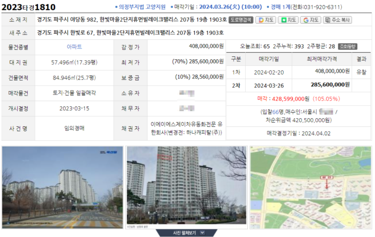 2024년 3월 25일 27일 경매결과 살펴보기 인기 있었던 물건 꼭 알아야 할 물건 파주 아파트 66명 입찰