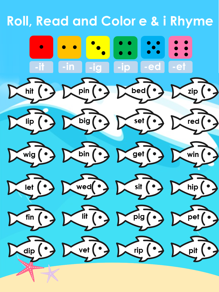 Phonics Activity :Roll, Read and Color a Rhyme 단모음 e 와 i 가 포함된 CVC 단어를 ...