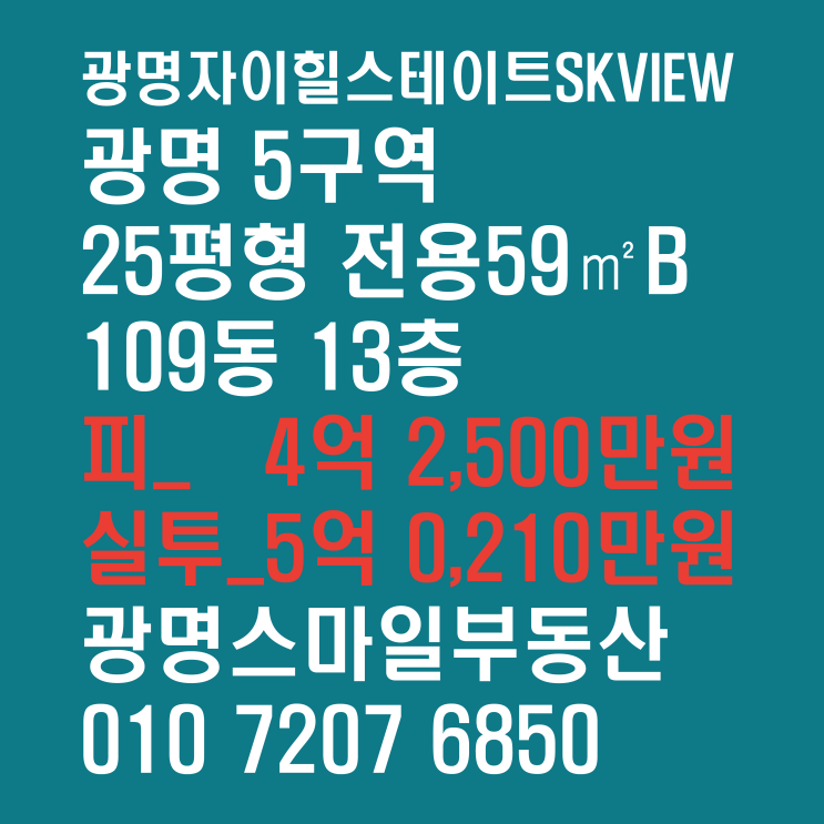 광명5구역 급매 25평형 전용59㎡ B타입 프리미엄 4억 2500만원 최저가 급매물 조합원 입주권 매매 광명뉴타운 재개발