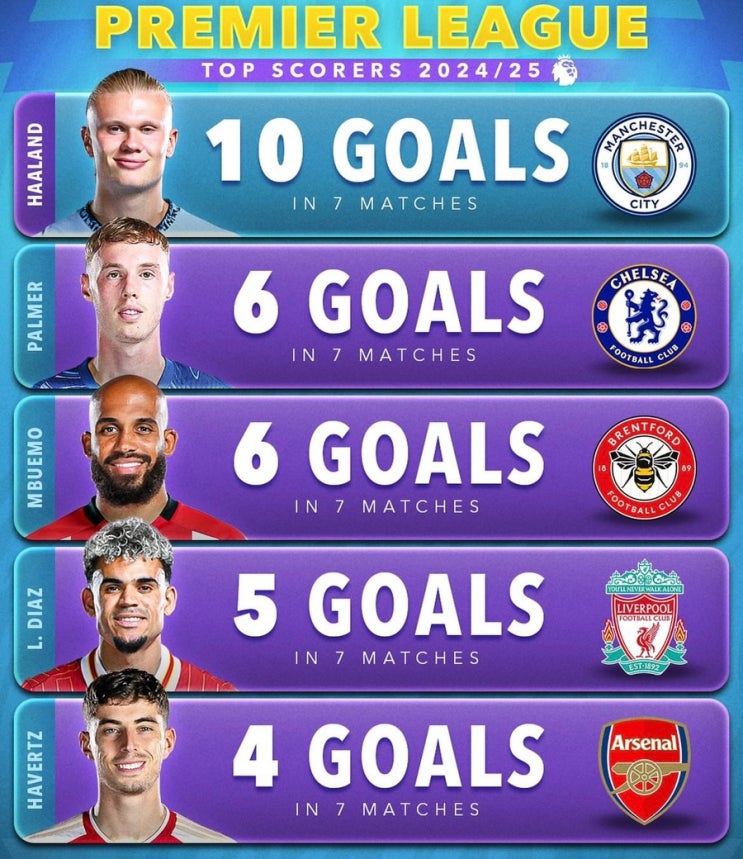 EPL 24/25시즌 득점 순위 홀란드 1위 : 네이버 블로그