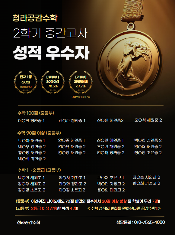 2024년 2학기 청라공감수학학원 성적우수자 현황 Feat 주말에도 학원 스터디카페 개방 중 네이버 블로그