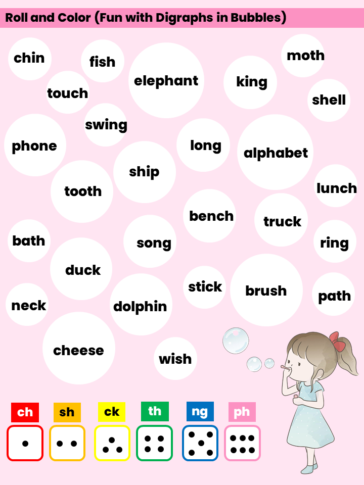 Phonics Activity :Roll and Color (Fun with Digraphs in Bubbles) 파닉스 활동 ...