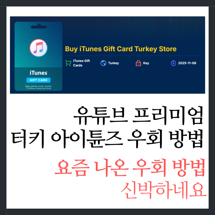 유튜브 프리미엄 우회 터키 결제 방법 아이폰 아이튠즈 기프트카드 이용하기 네이버 블로그