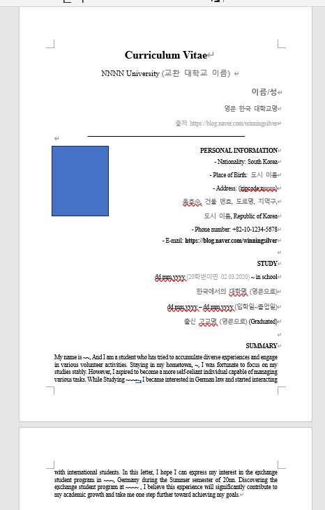 [독일 교환학생] 독일 교환학생 CV 양식 공유! CV 작성법/ 꿀팁🤩 (curriculum vitae) : 네이버 블로그
