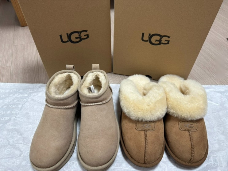 [미국어그/UGG ] 코케트 240사이즈(US7) 어그 클래식 울트라 미니 샌드 220사이즈(US5) 후기 (백화점 정품 병행수입 홀로그램 박스구성품 비교 / 브릭맨션 정품 ...