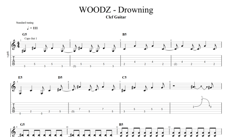 [Clef Guitar 레슨#474] WOODZ - Drowning 기타 악보, 타브, 코드, 가사, TAB, Chord ...