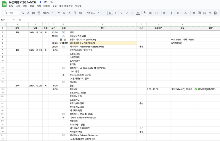 유럽여행 계획하기 일정 예산 동선 W구글 스프레드시트엑셀 양식 네이버 블로그