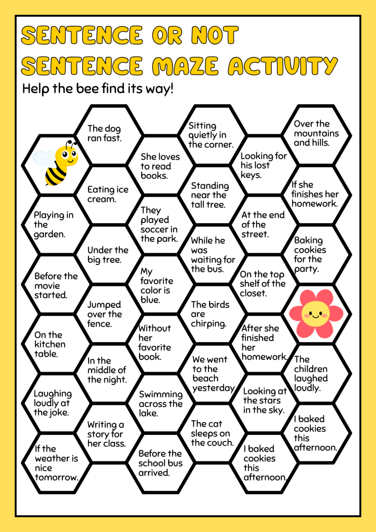 영어 기초 문법 : 문장과 문장이 아닌 것을 구별하는 미로 찾기 활동 Sentence or Not Sentence Maze ...