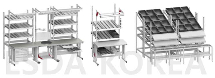 조립라인 제전작업대 Assembling Line ESD Workbench 선입선출 First In, First Out 부품박스암 ...