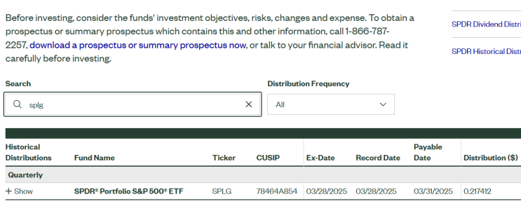 25년 3월 SPLG ETF(SPDR PORTFOLIO S&P 500) 분배금 입금현황, 주당 0.217412달러 : 네이버 블로그