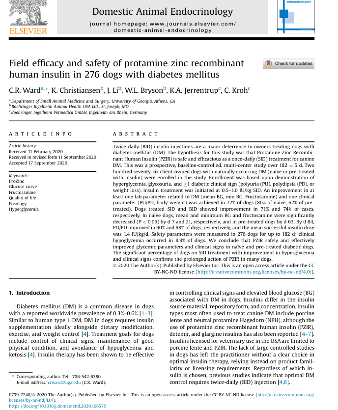 [강아지/내과 ]276마리 당뇨병 강아지에서 Protamine Zinc Recombinant Human Insulin (PZIR ...